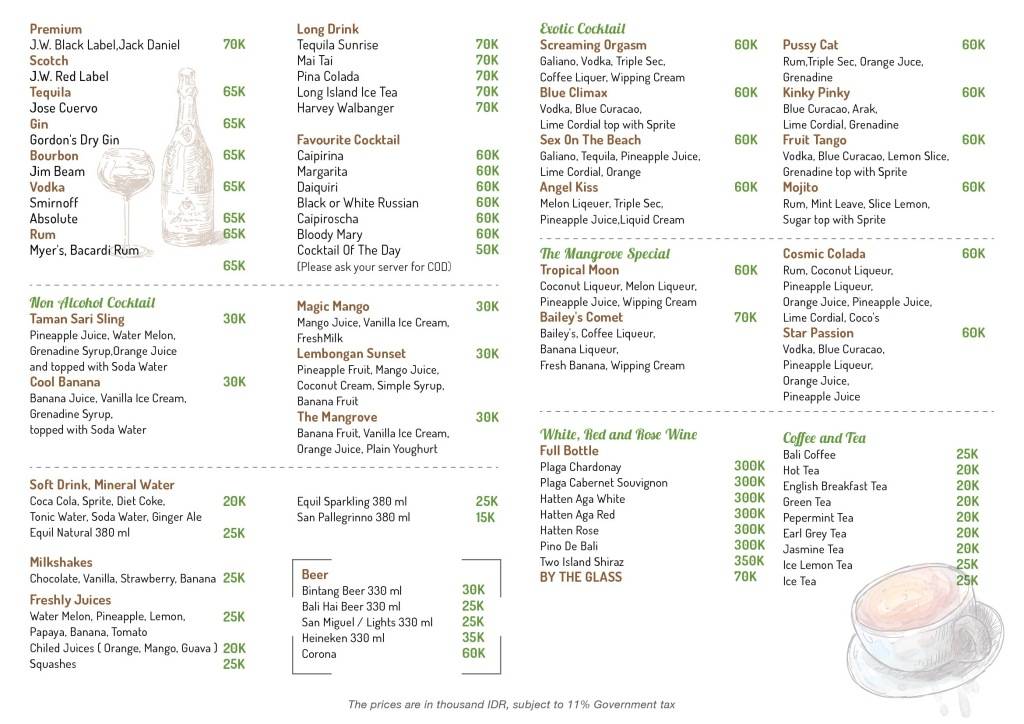 Menu at Mangrove Beach Club, Indonesia