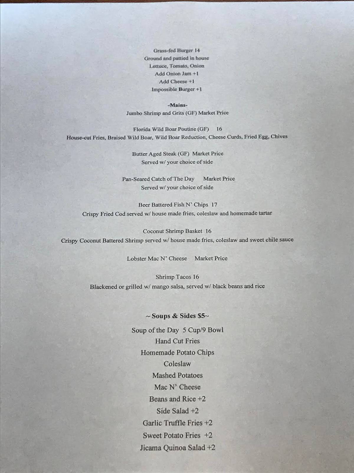 Menu at Smith House restaurant, Marco Island