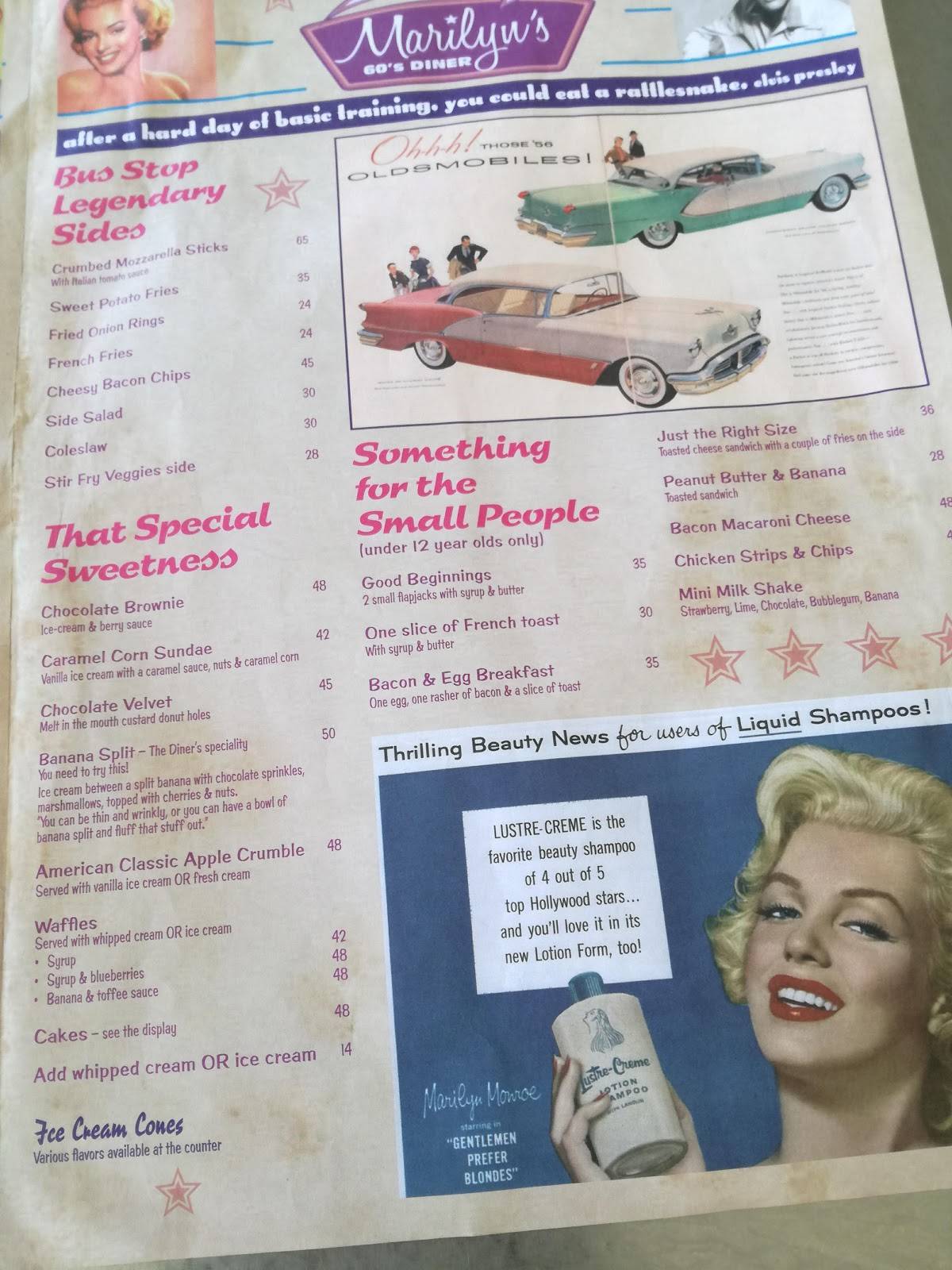 Menu at Marilyn's 60's Diner restaurant, Stormsrivier