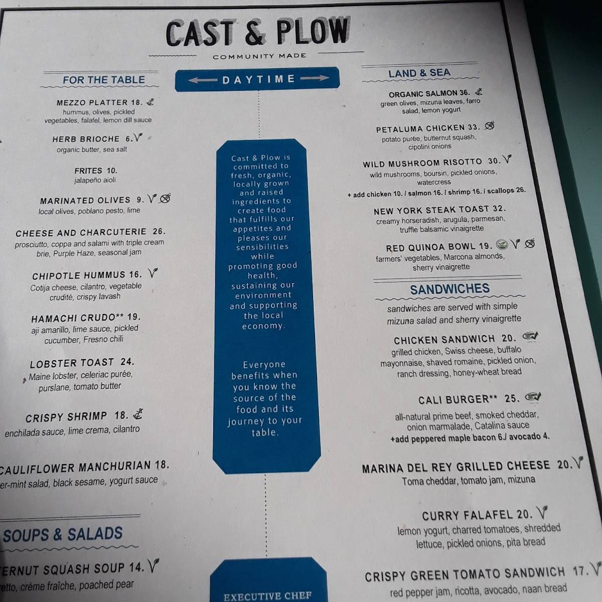 Menu at Cast & Plow restaurant, Marina del Rey