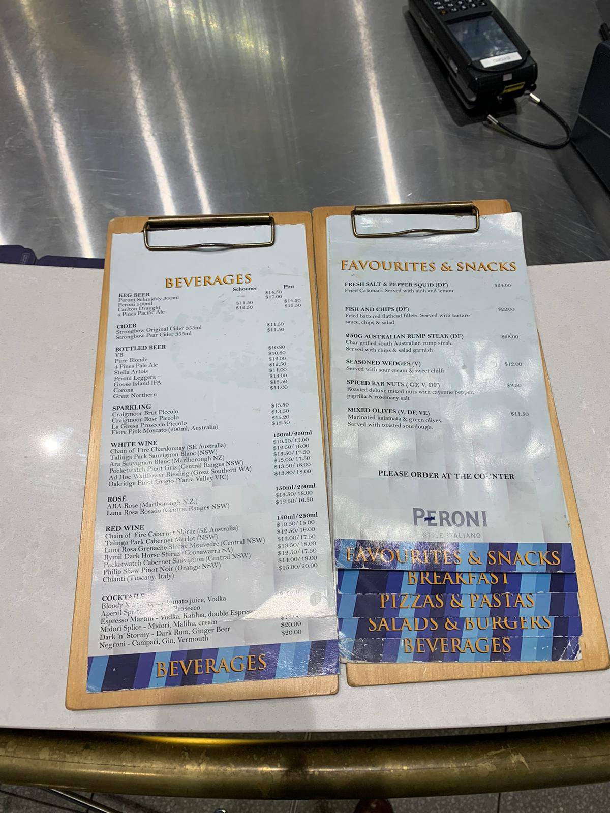 Menu at Peroni Bar, Mascot, Departure Plaza