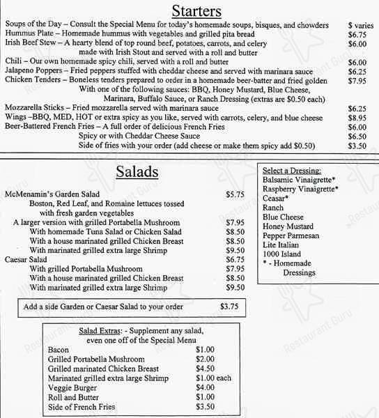 Menu at McMenamin's Tavern pub & bar, Philadelphia