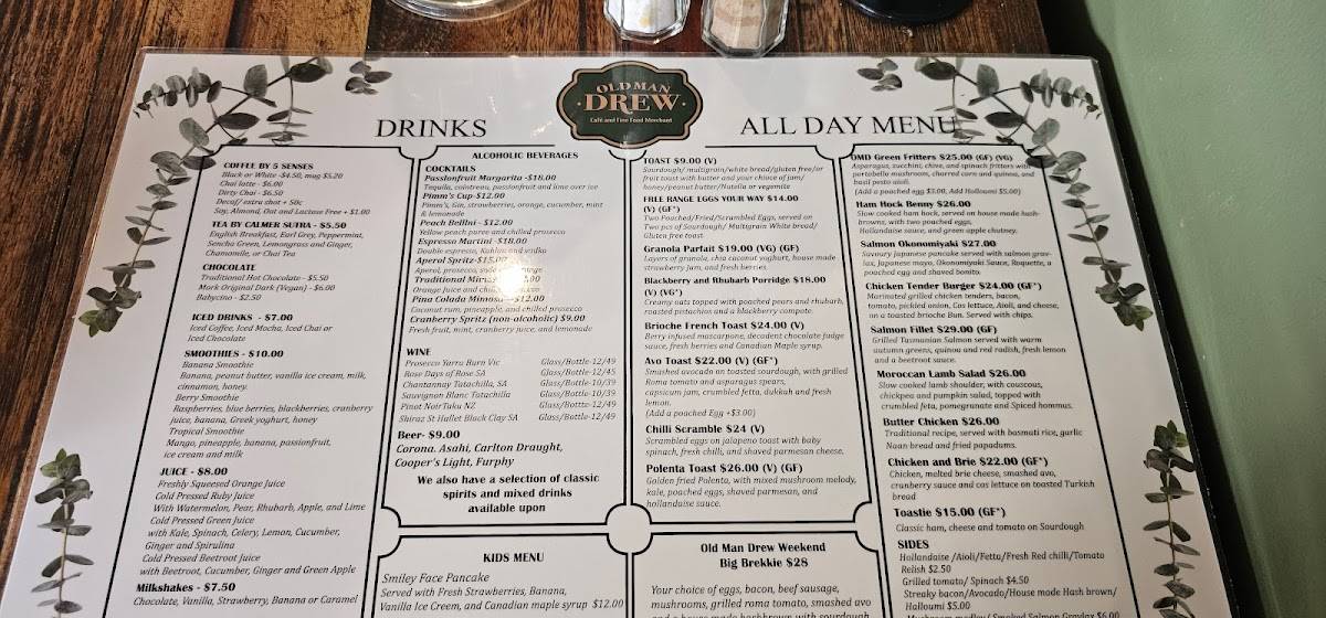 Menu at Old Man Drew cafe, Ascot Vale