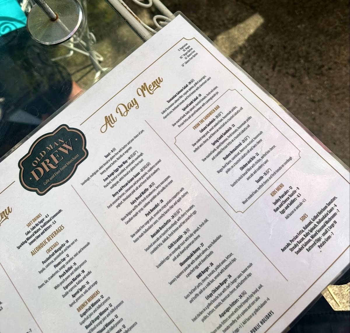 Menu at Old Man Drew cafe, Ascot Vale