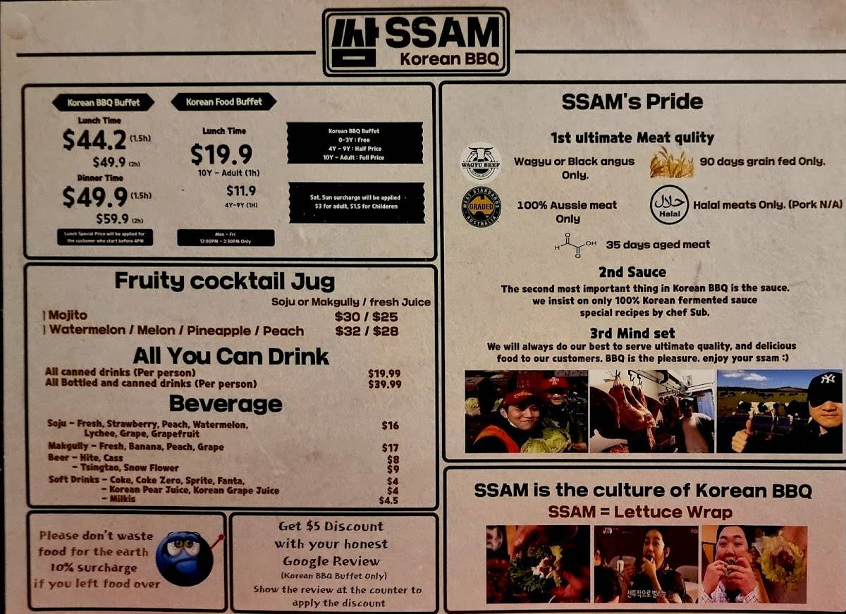 Menu at SSAM Korean BBQ - CBD, Melbourne