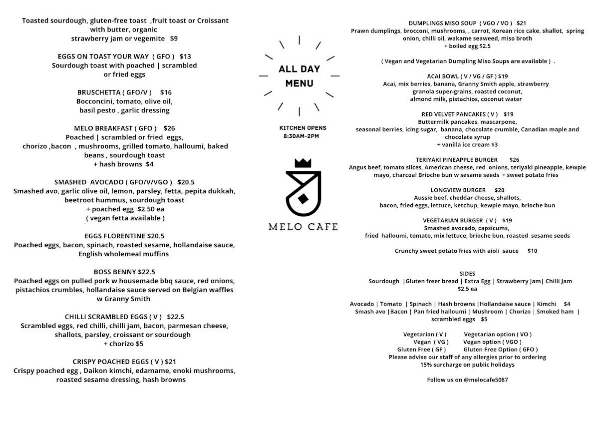 Menu at Melo Cafe, Windsor Gardens