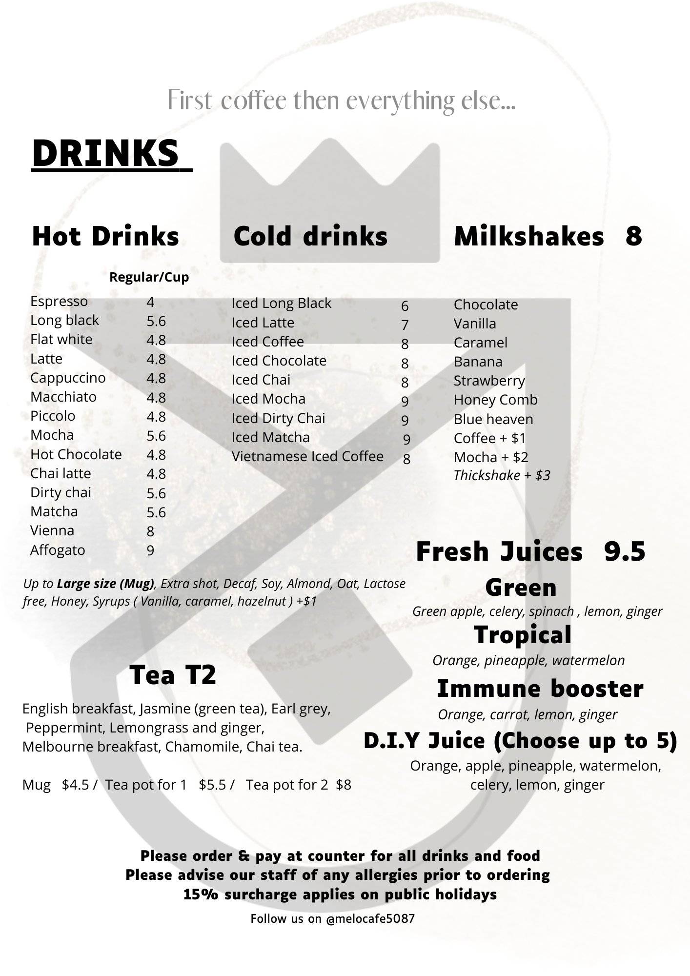 Menu at Melo Cafe, Windsor Gardens
