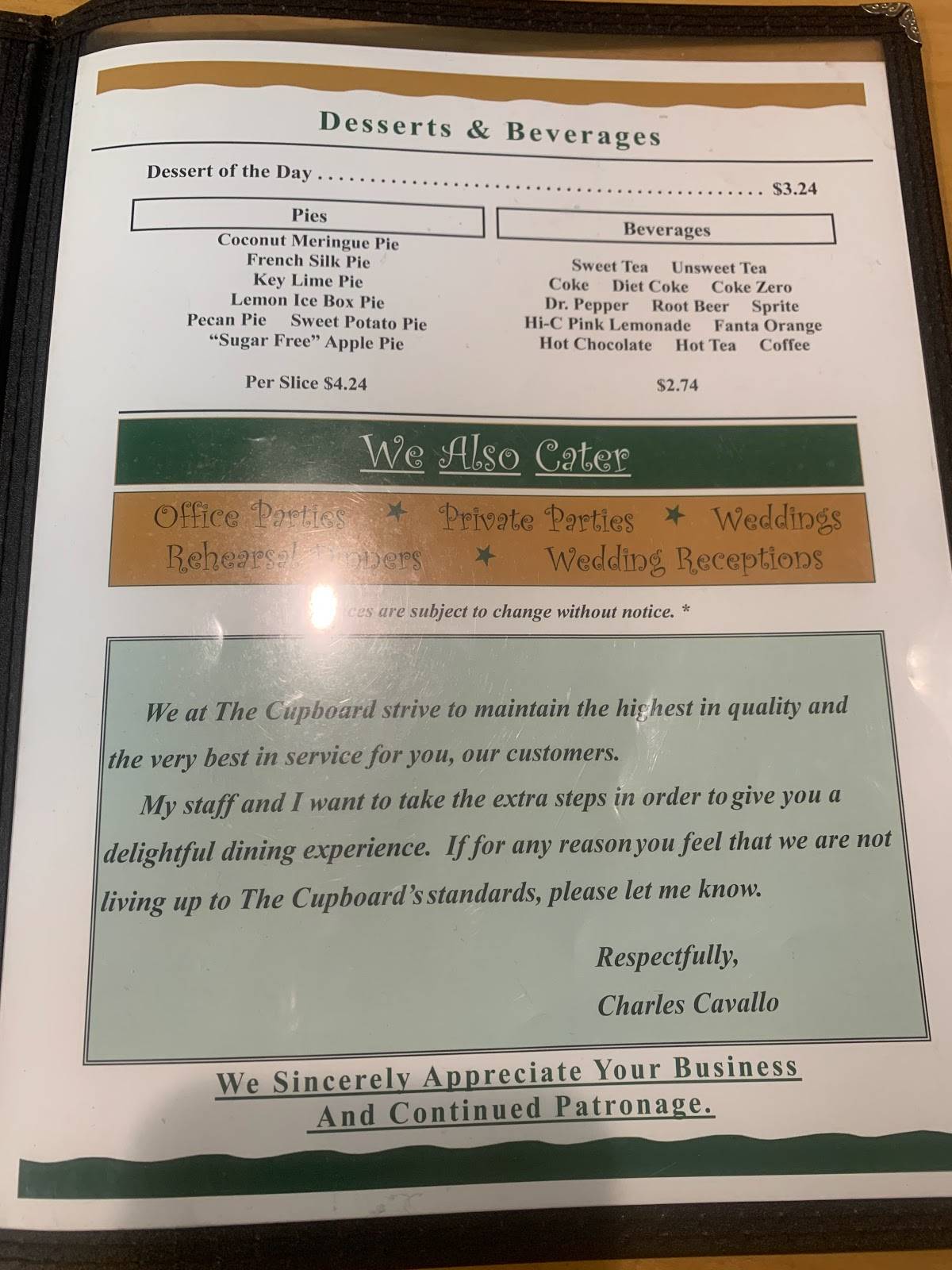 Menu at The Cupboard Restaurant, Memphis
