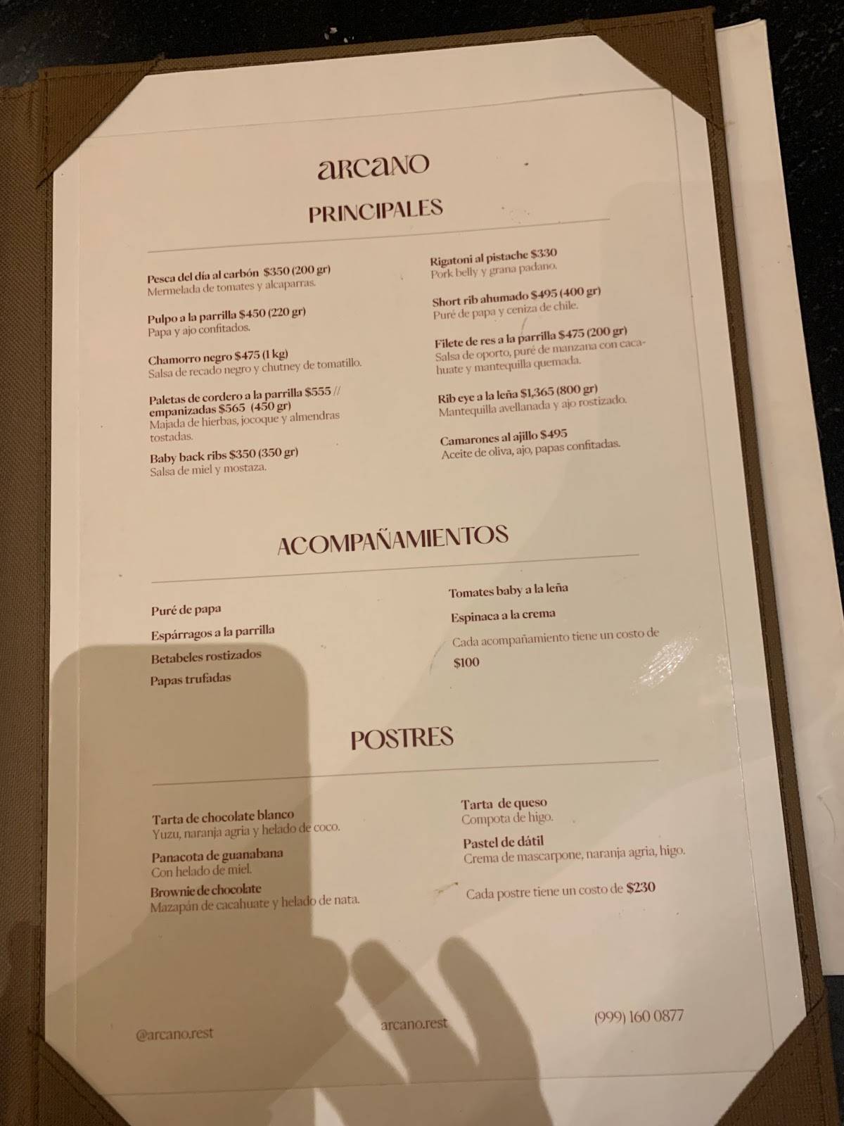 Carta del restaurante Arcano, Merida