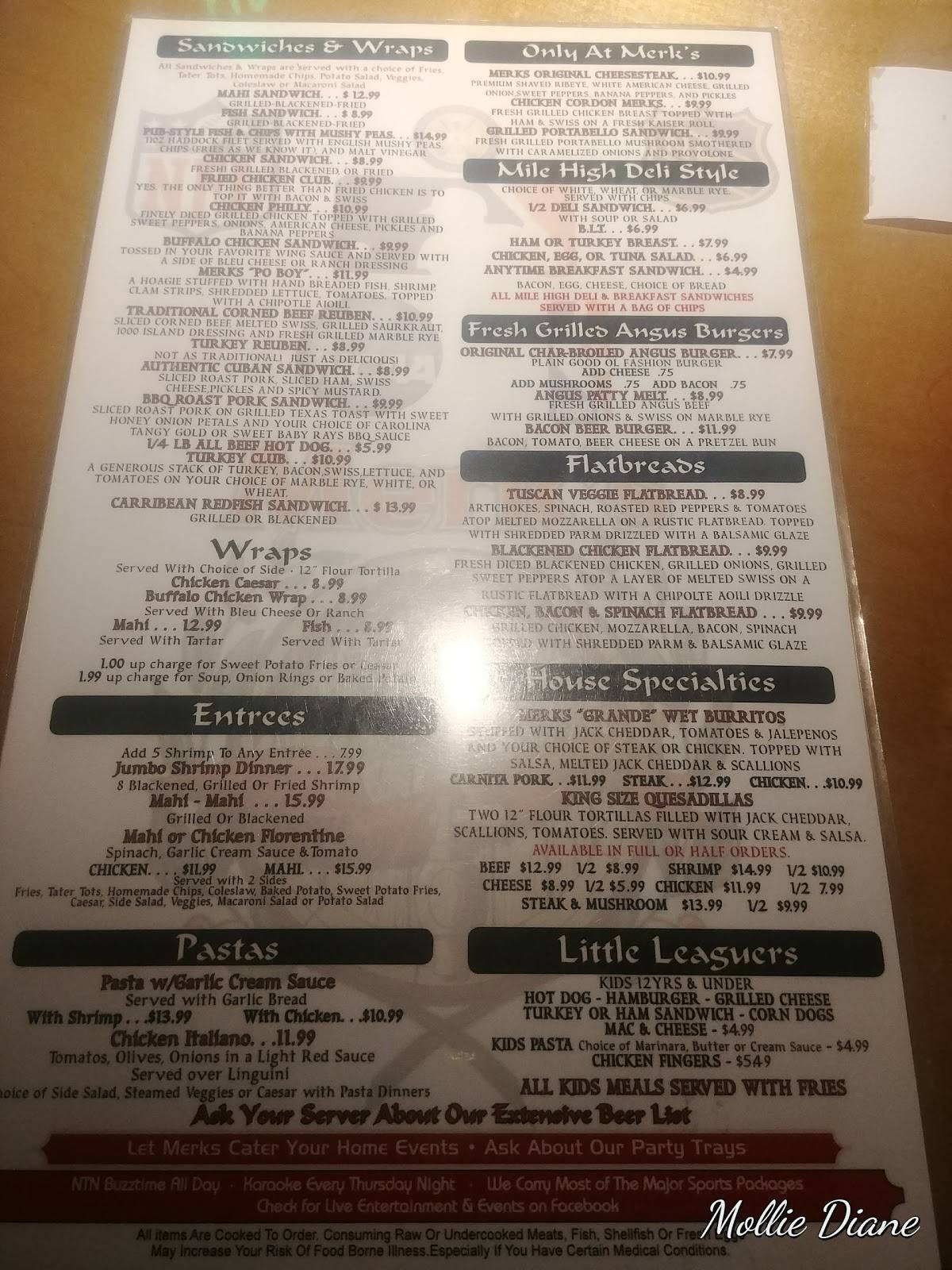 Menu at Merk's Bar & Grill, New Smyrna Beach