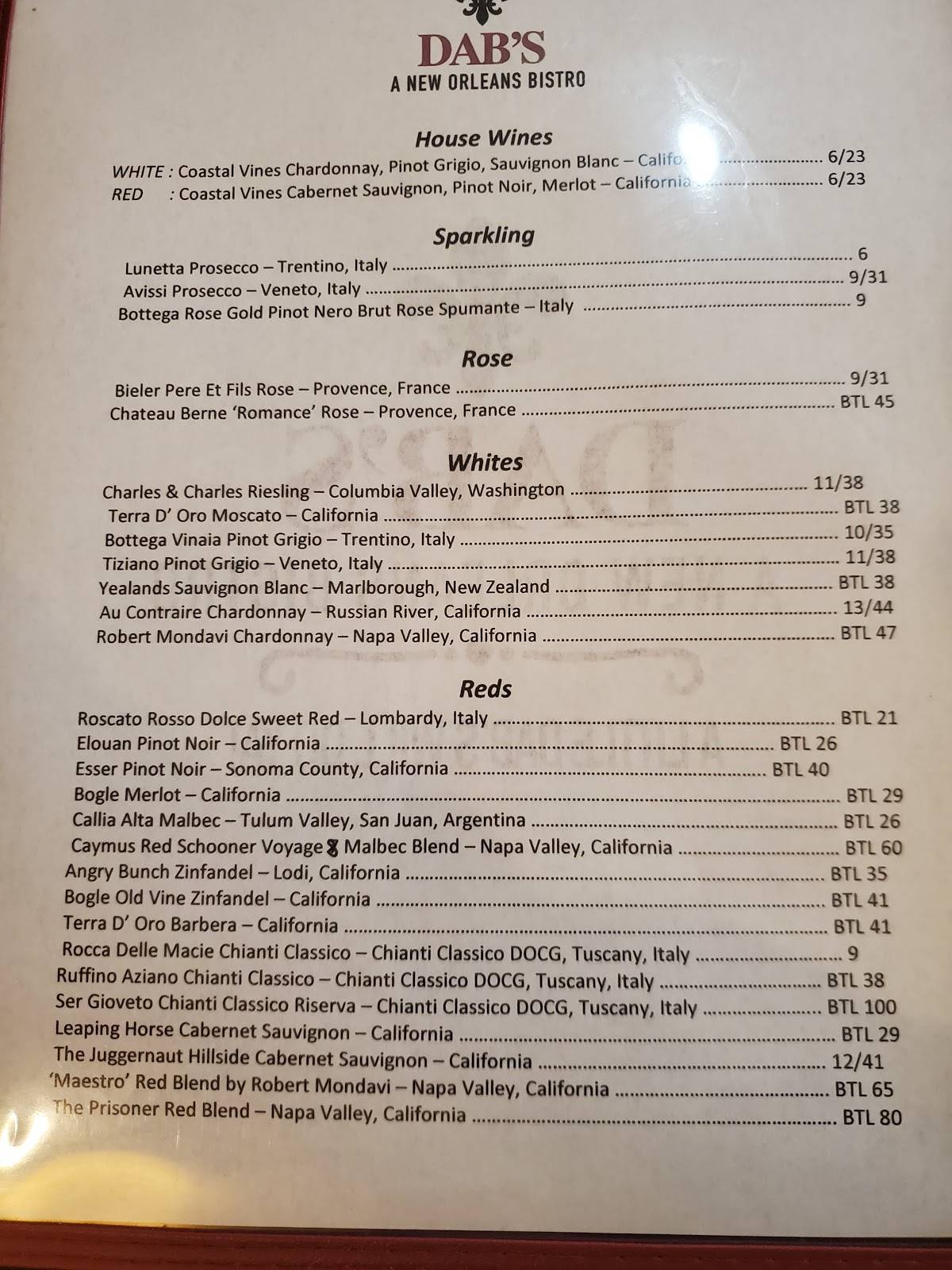 Menu at Dab's Bistro restaurant, Metairie
