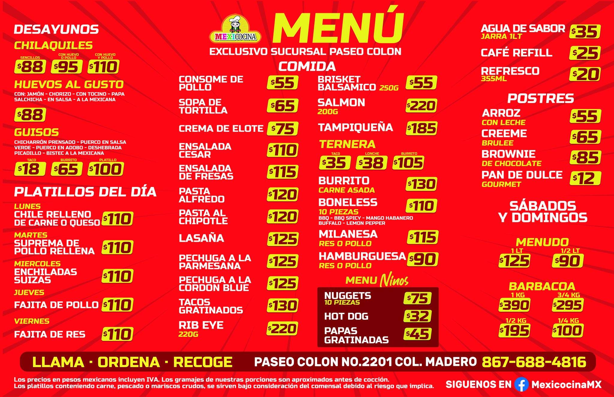 Carta del restaurante Mexicocina, Mexico
