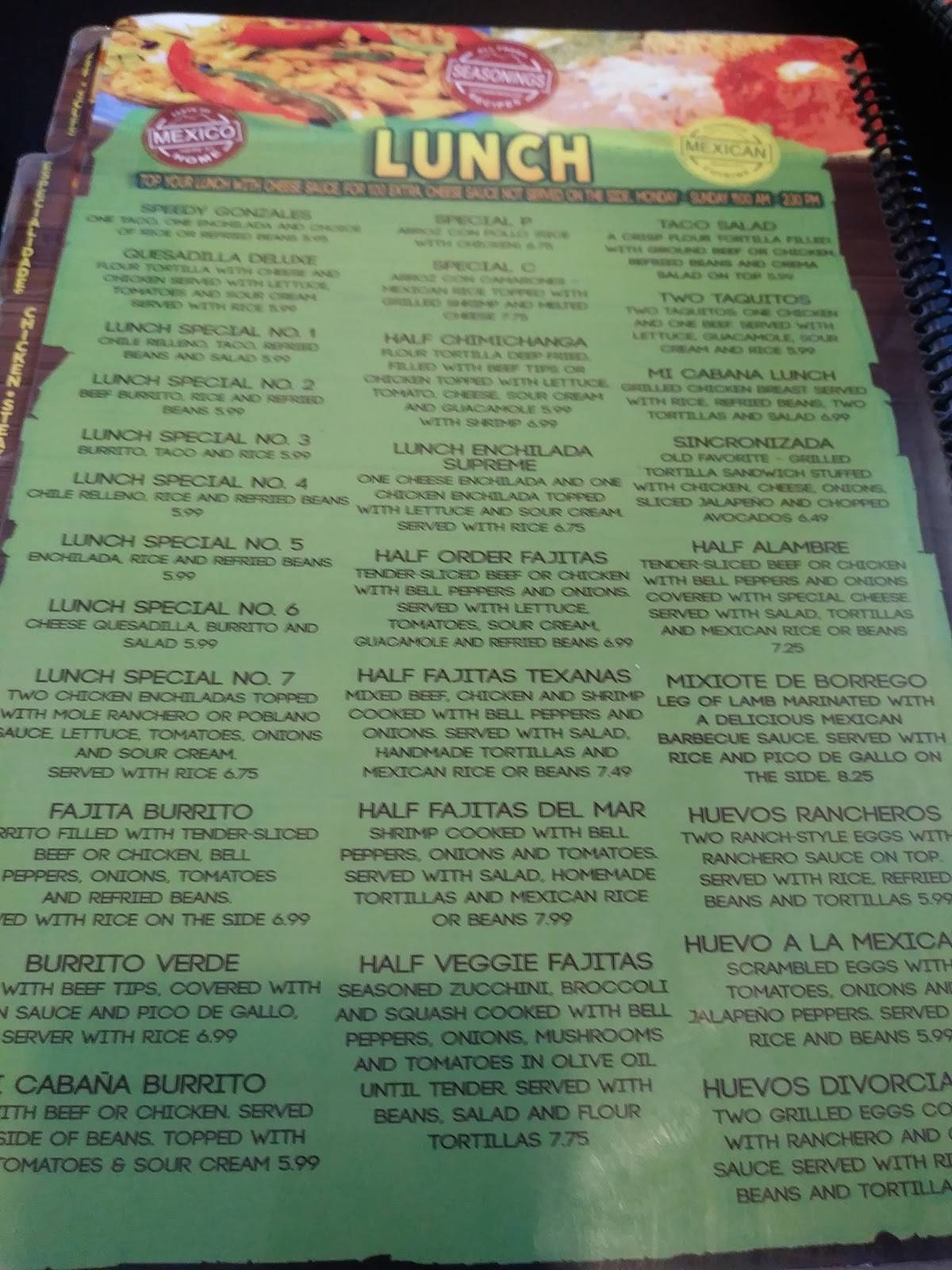 Menu at Mi Cabana Mexican Restaurant 9, Ayden