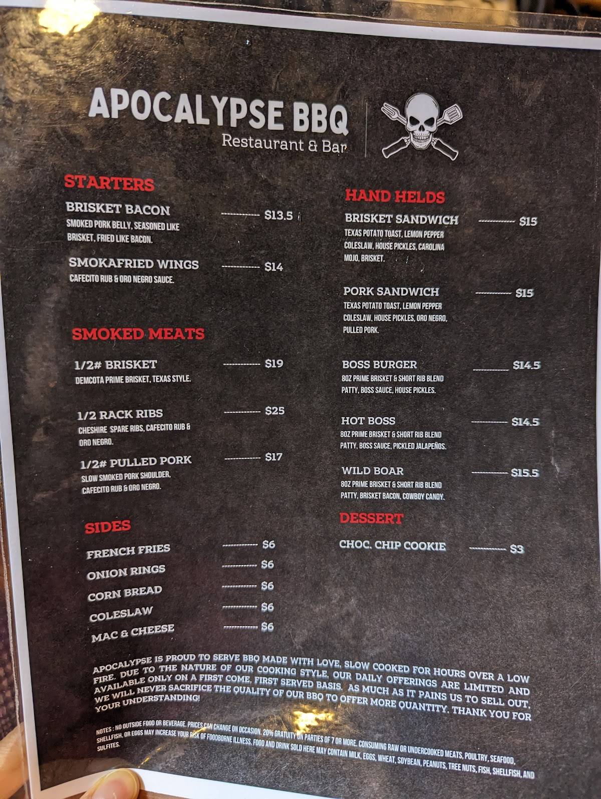 Menu at Apocalypse BBQ, Miami, SW 104th St