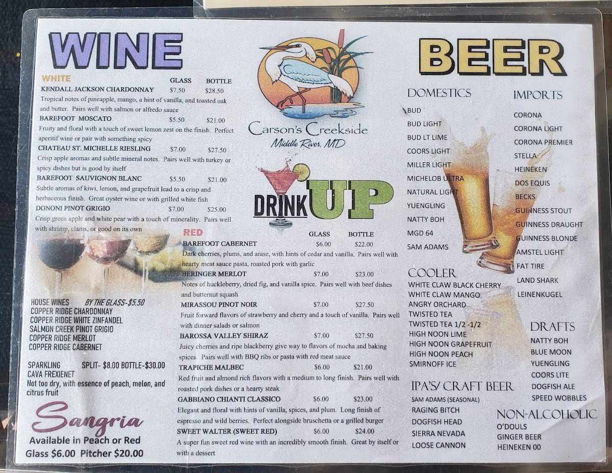 Menu at Carson's Creekside Restaurant, Middle River
