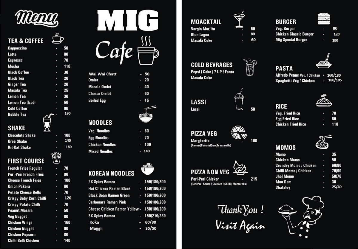 Menu at Mig Cafe, Siliguri