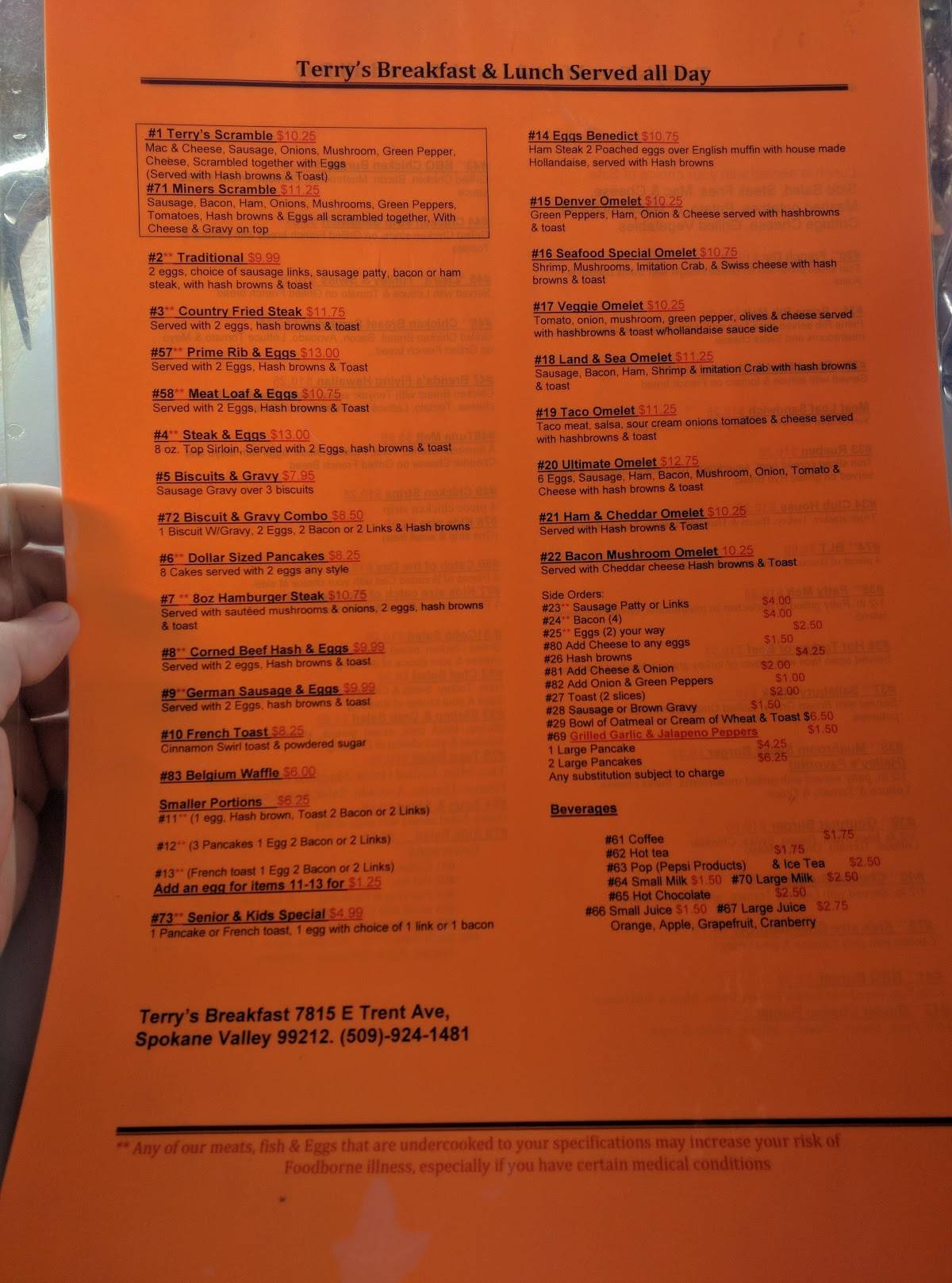 Menu at Terry's Breakfast & Lunch restaurant, Spokane Valley