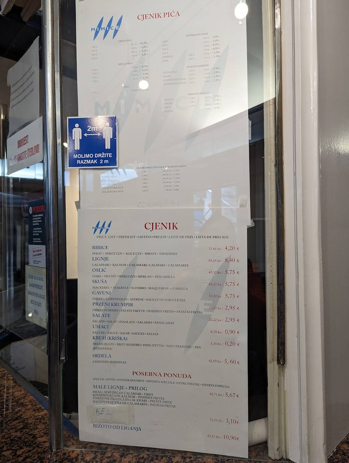Menu at Mimice restaurant, Zagreb