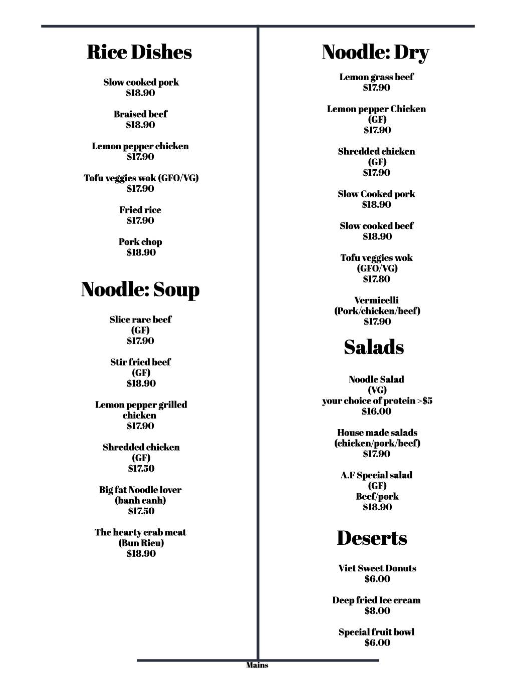 Menu at Ming Ming's Vietnamese Fusion restaurant, Surfers Paradise