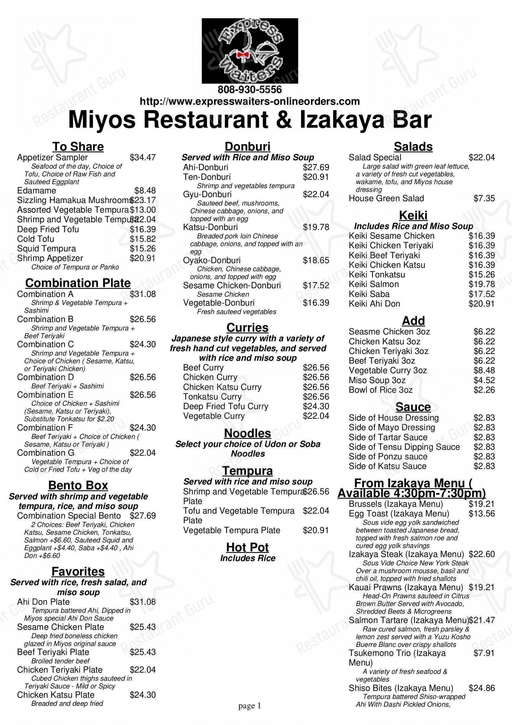 Menu at Miyo's Restaurant, Hilo, 564 Hinano St