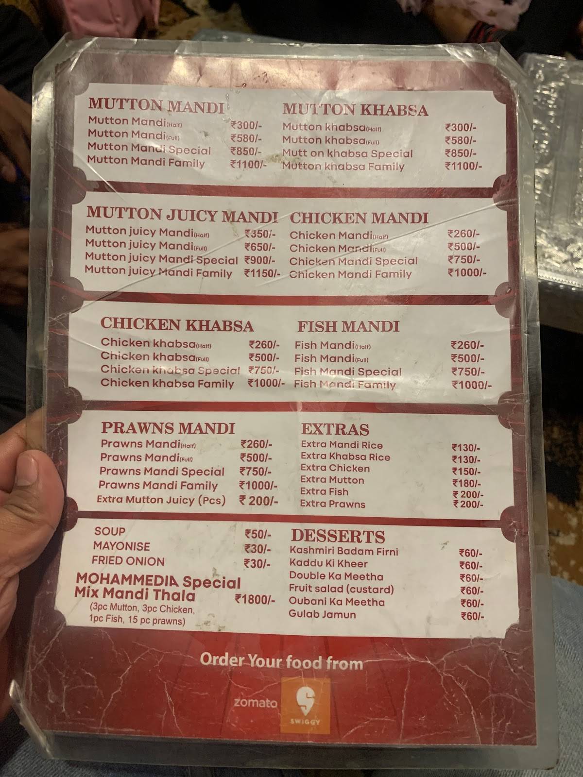 Menu at Mohammedia Mandi House, Hyderabad