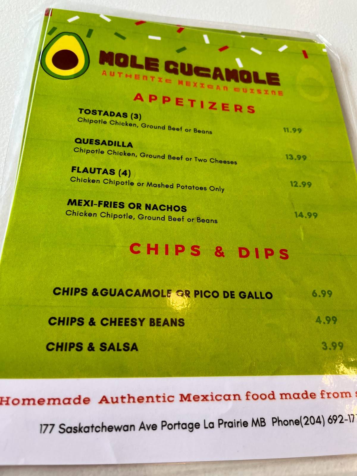 Menu at Mole Guacamole restaurant, Portage la Prairie
