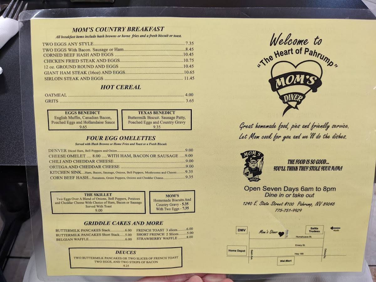 Menu at Mom's Diner fast food, Pahrump