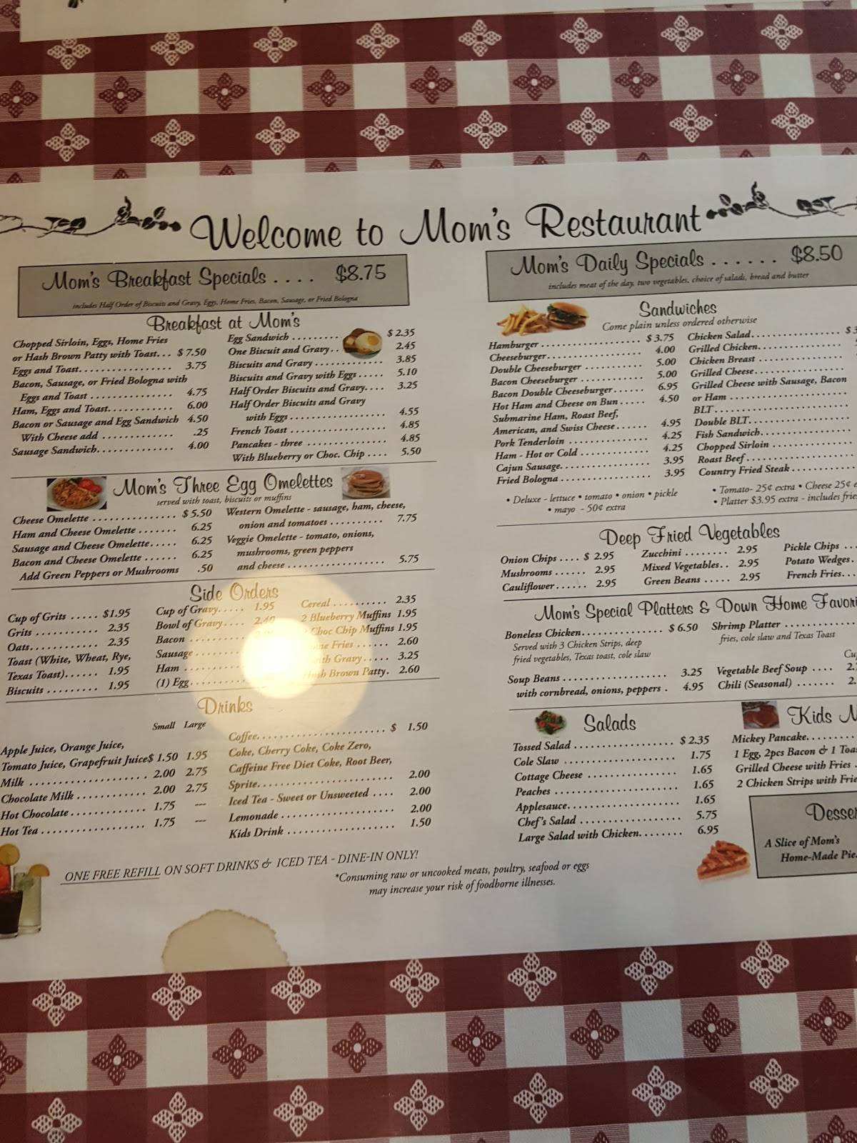 Menu at Mom's Restaurant, Franklin, William C Good Blvd