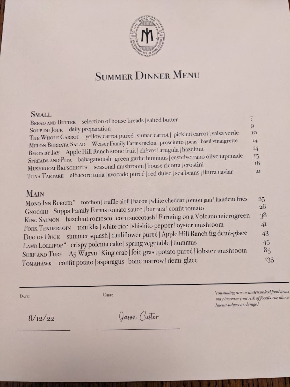 Menu at Mono Inn pub & bar, Lee Vining