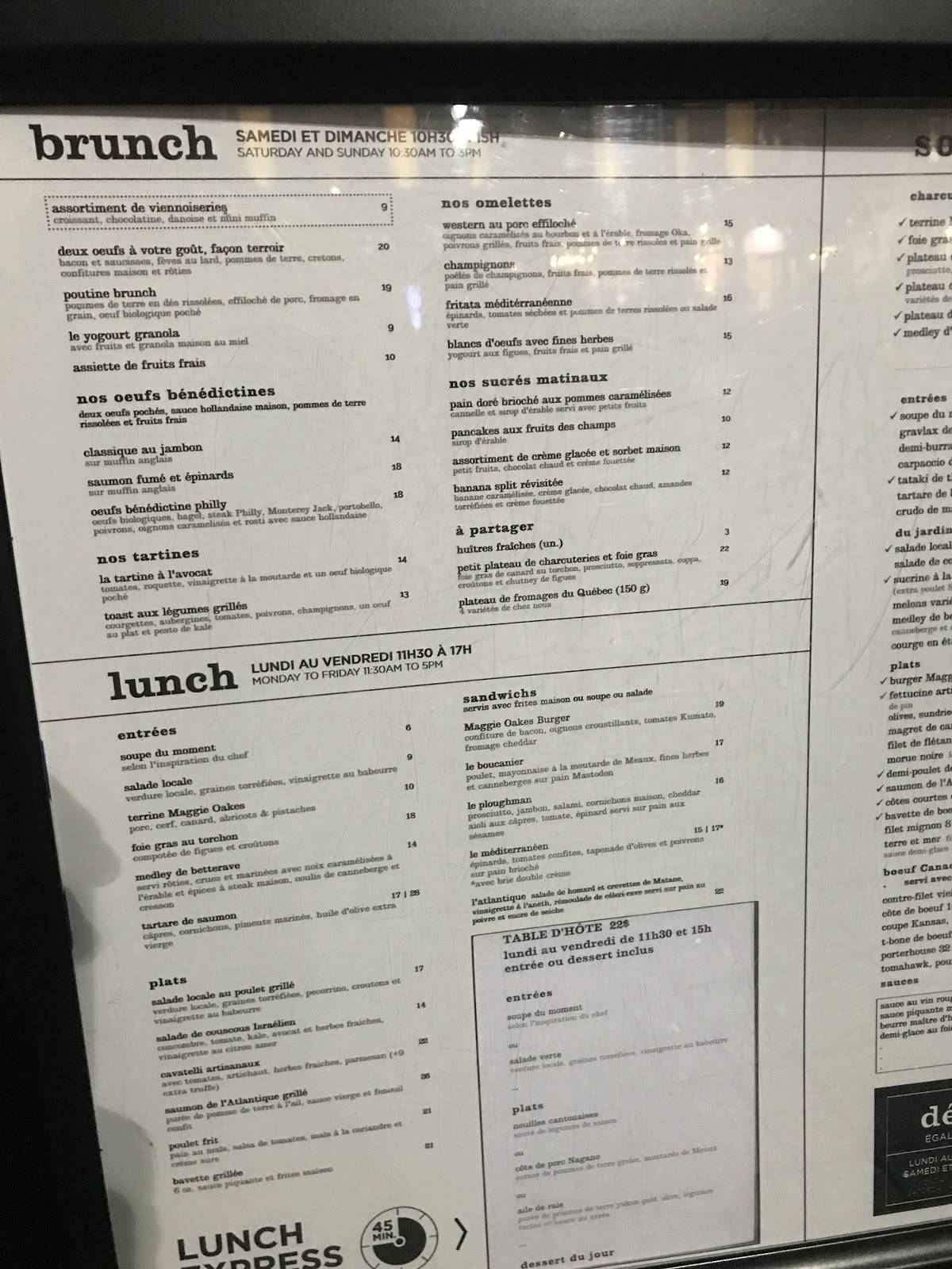 Menu au Restaurant Maggie Oakes, Montréal