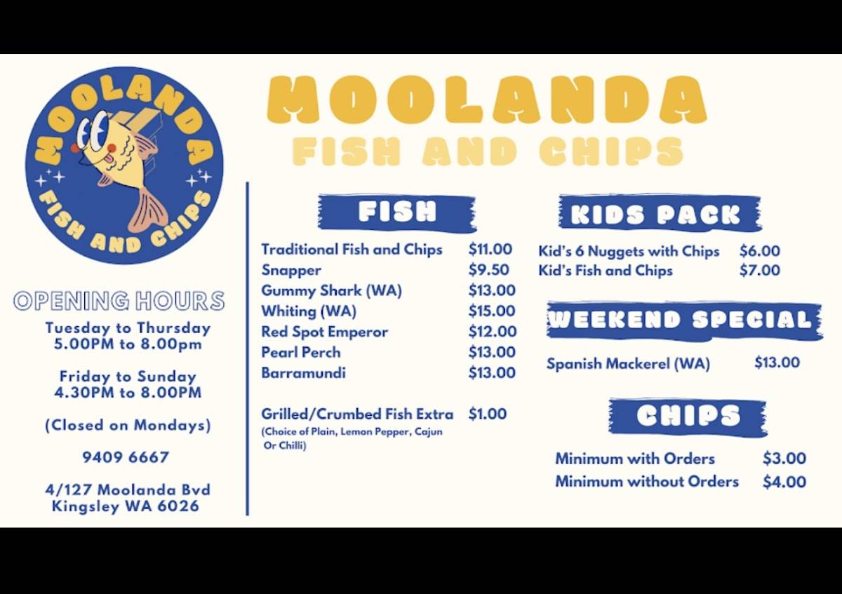 Menu at Moolanda Fish and Chips restaurant, Kingsley