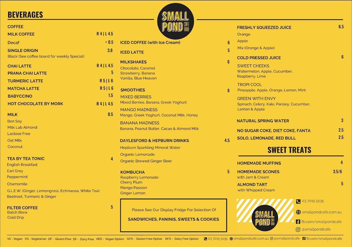 Carta de Small Pond Cafe, Moonee Ponds
