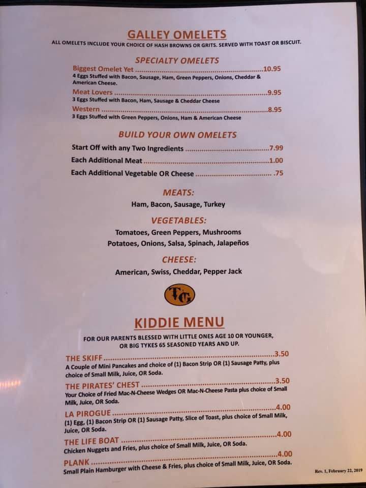 Menu at The Galley restaurant, Morgan City