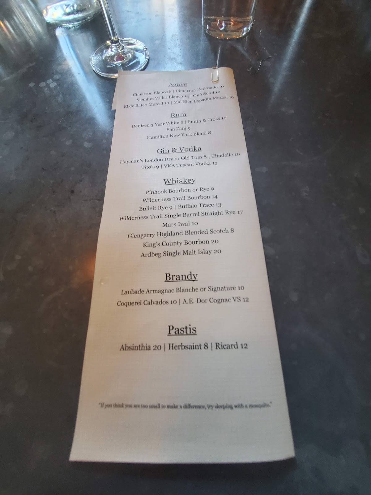 Menu at Mosquito Supper Club, New Orleans, Dryades St
