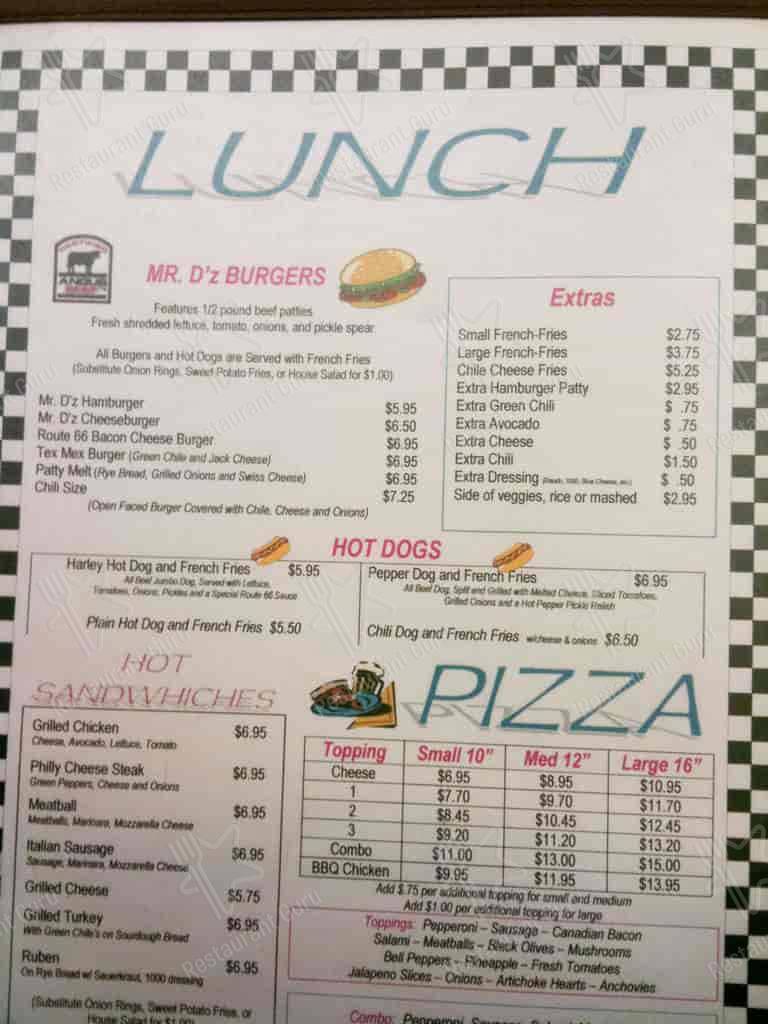 Menu at Mr D'z Route 66 Diner restaurant, Kingman