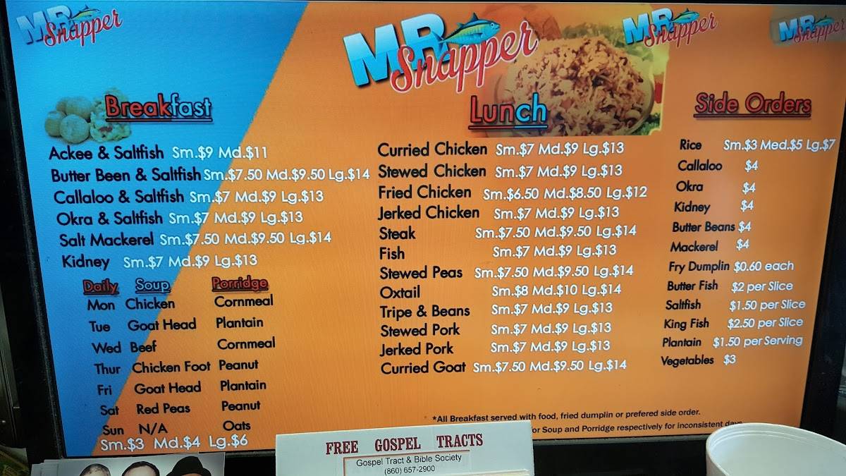 Menu at Mr. Snapper's Jamaican Restaurant, Hartford