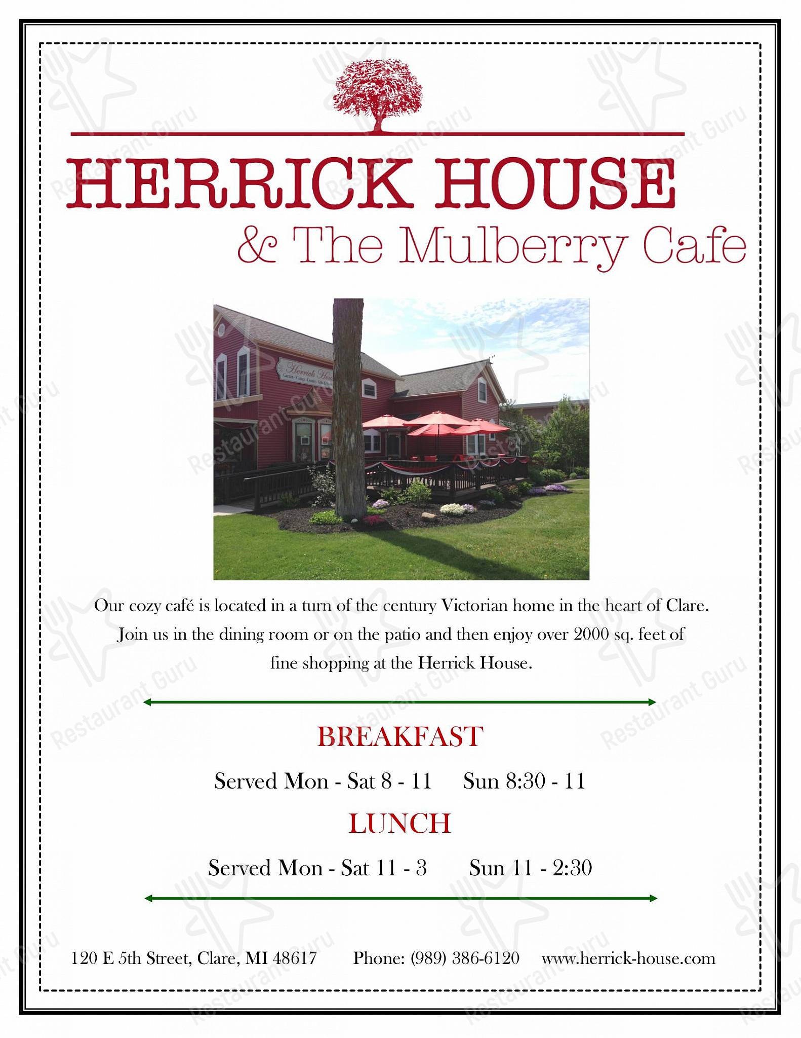 Menu at Herrick House and The Mulberry Cafe, Clare