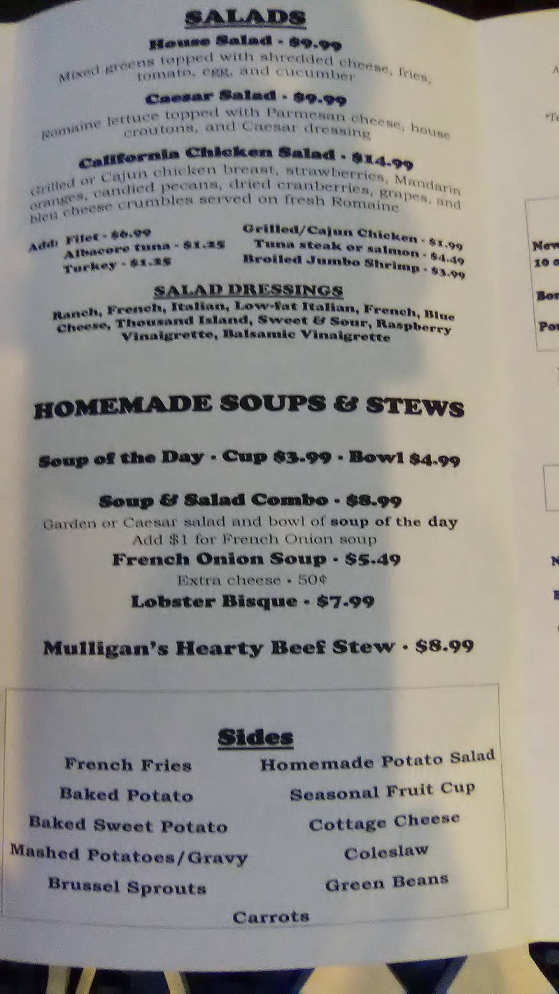 Menu at Mulligan’s Restaurant & Pub, Canton