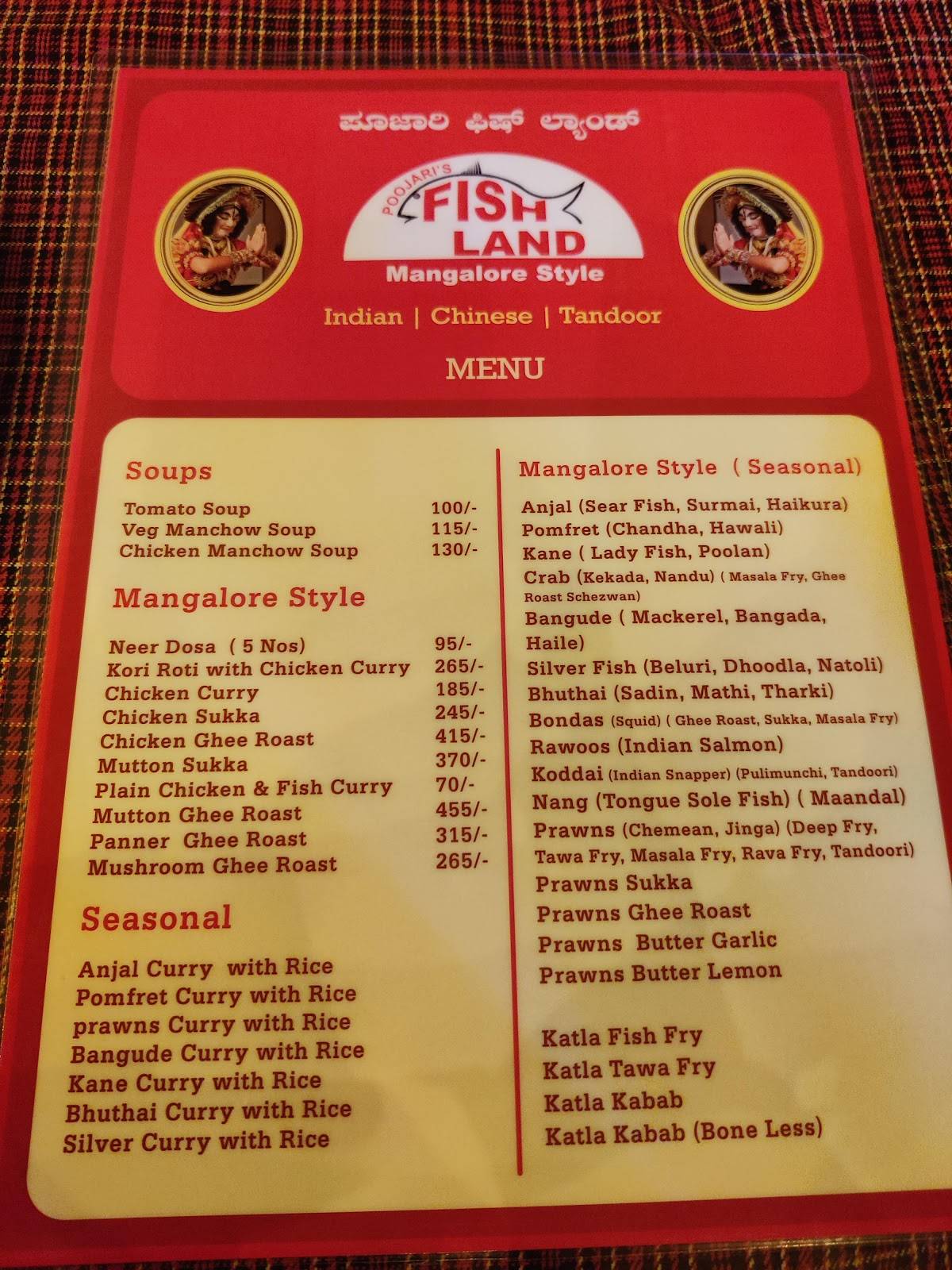 Menu at Poojari Fish Land, Mysuru