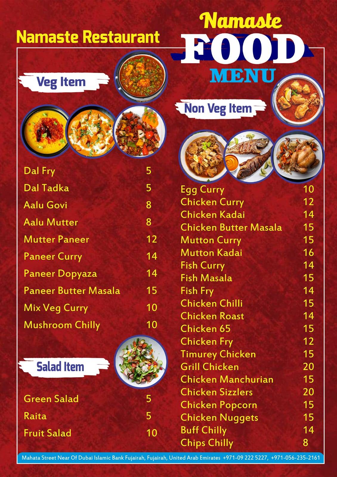 Menu at NAMASTE RESTAURANT, Fujairah, Mahata Street - Hamad Bin Abdulla ...