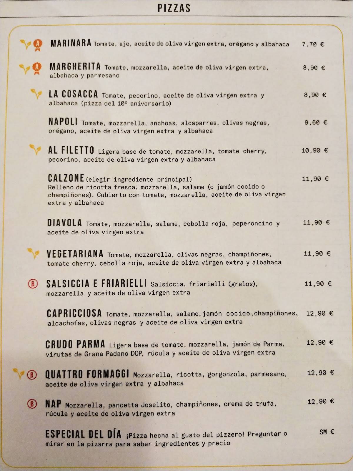 Carta del restaurante NAP Bilbao, Bilbao