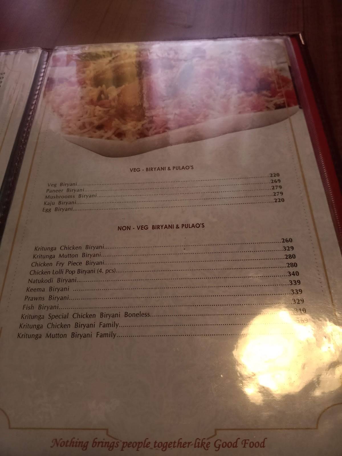 Menu at Kritunga restaurant, Nalgonda