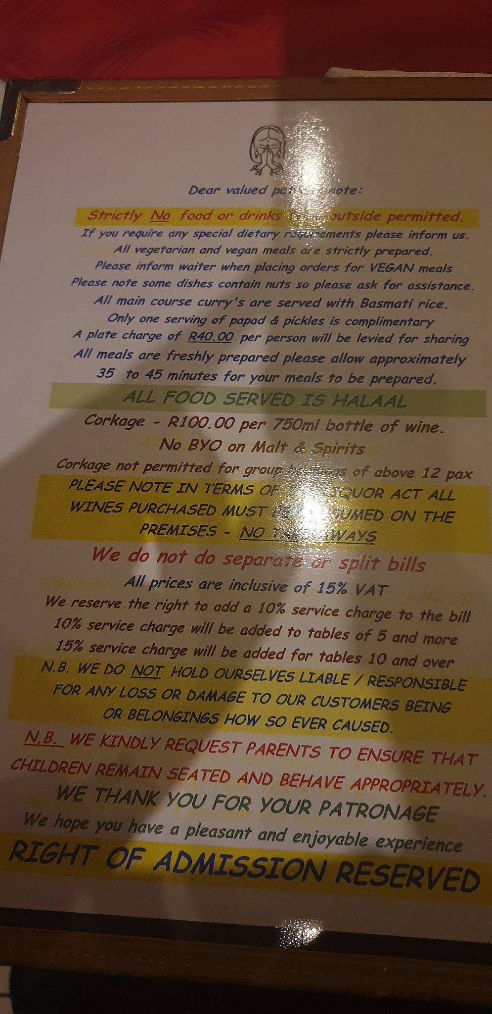 Menu at Namaskar Restaurant, Pretoria