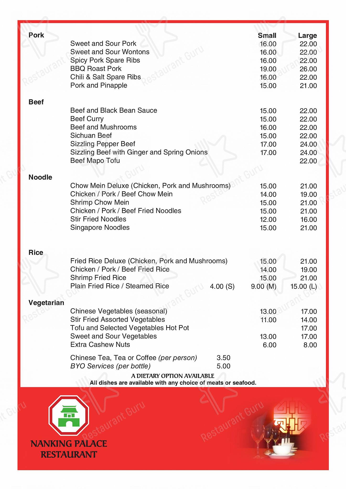 Menu at Nanking Palace Restaurant, Dunedin