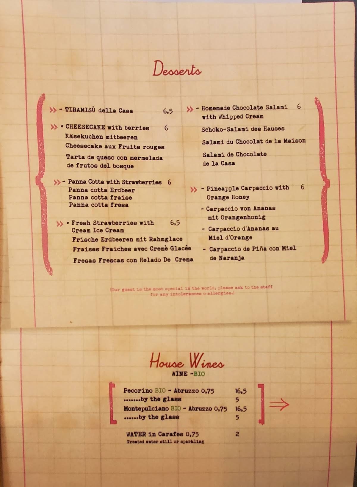 Menu at Nannarella restaurant, Rome