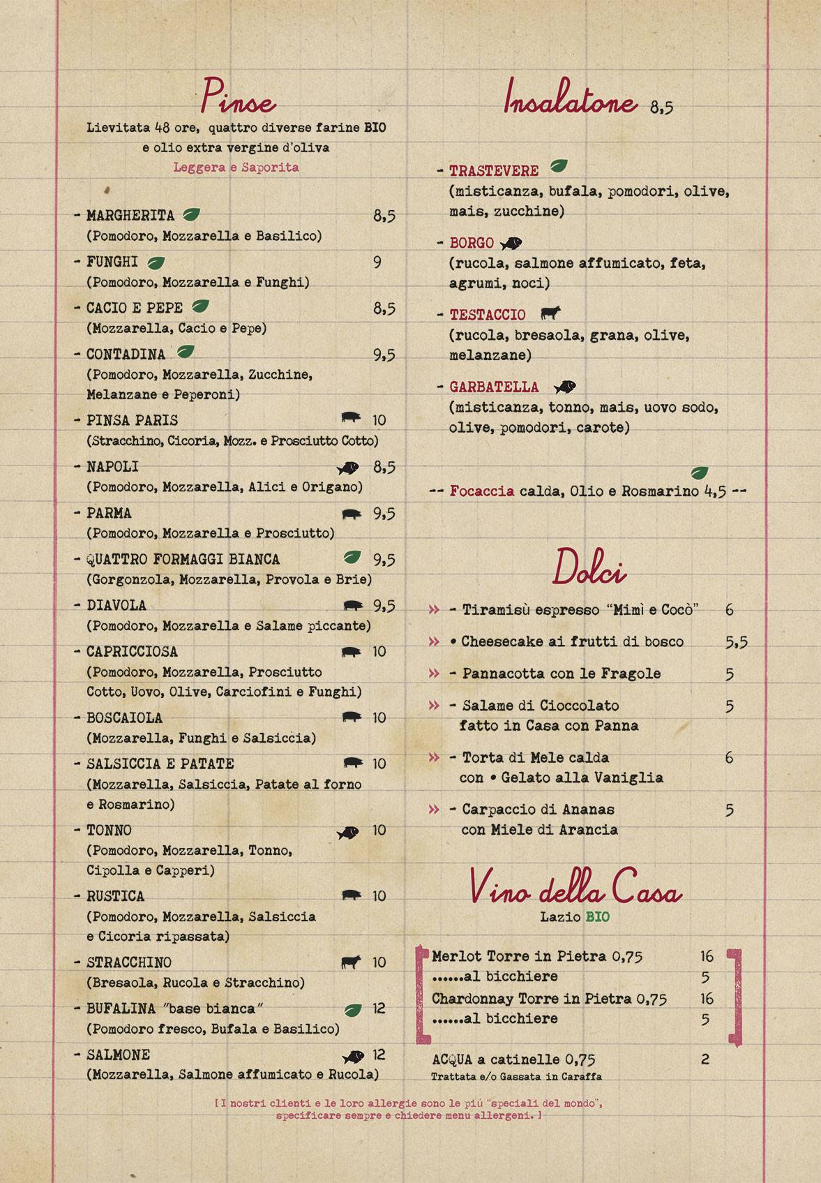 Menu at Nannarella restaurant, Rome