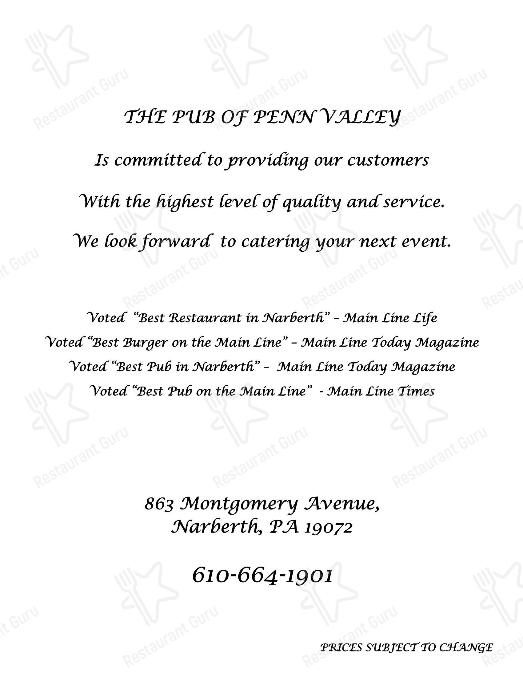 Menu at Pub of Penn Valley, Narberth