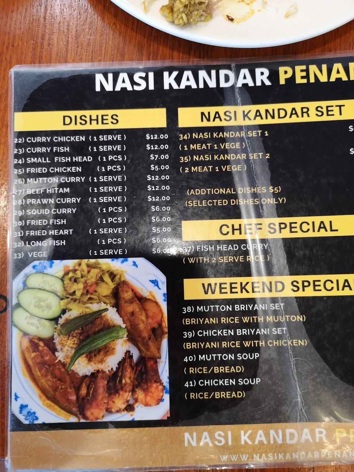 Menu at Nasi Kandar Penang restaurant, Springvale