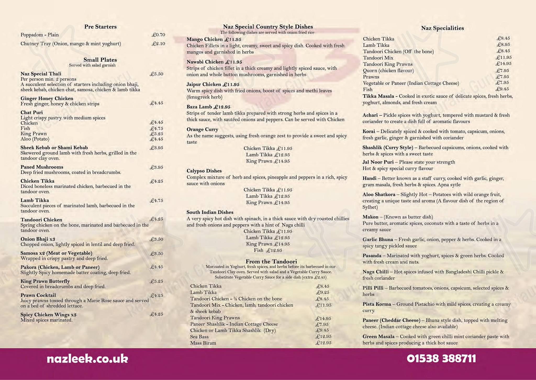 Menu at Naz Restaurant & Takeaway, Leek