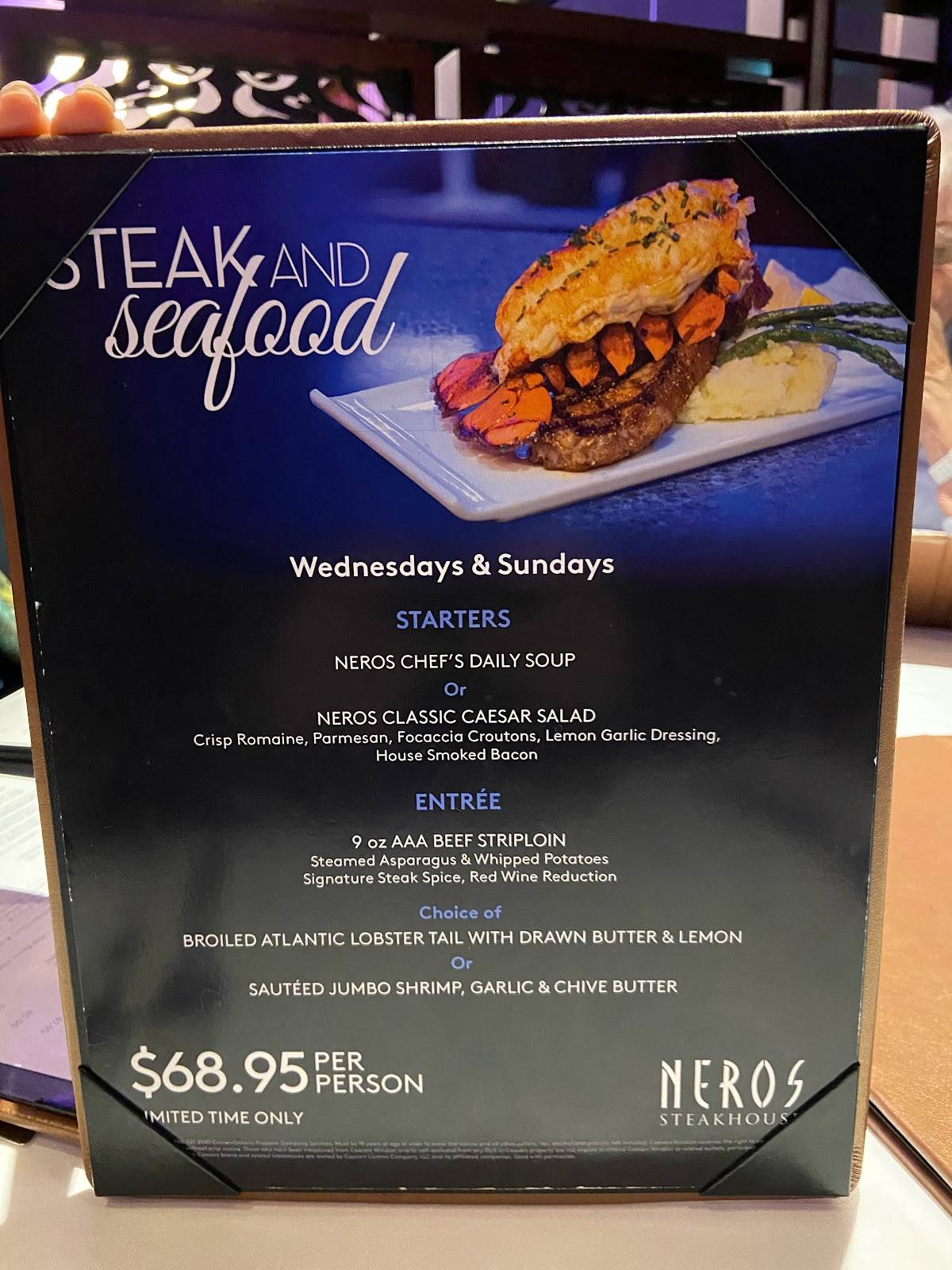 Menu at Neros Steakhouse, Windsor